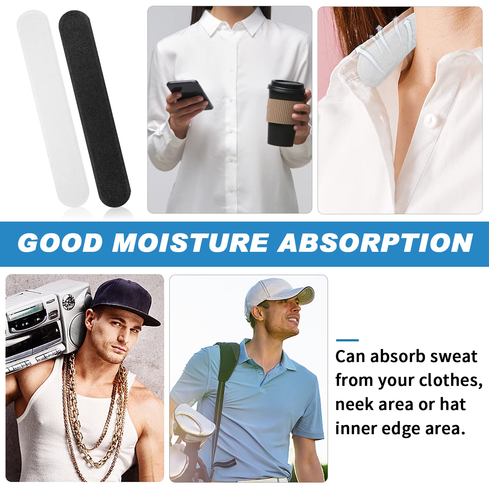 Yolev 40 Pcs Hat Sweat Liner Pad Absor Bent Sweat Breathable Golf Hat Size Reducer for Men and Women Cap Black, White