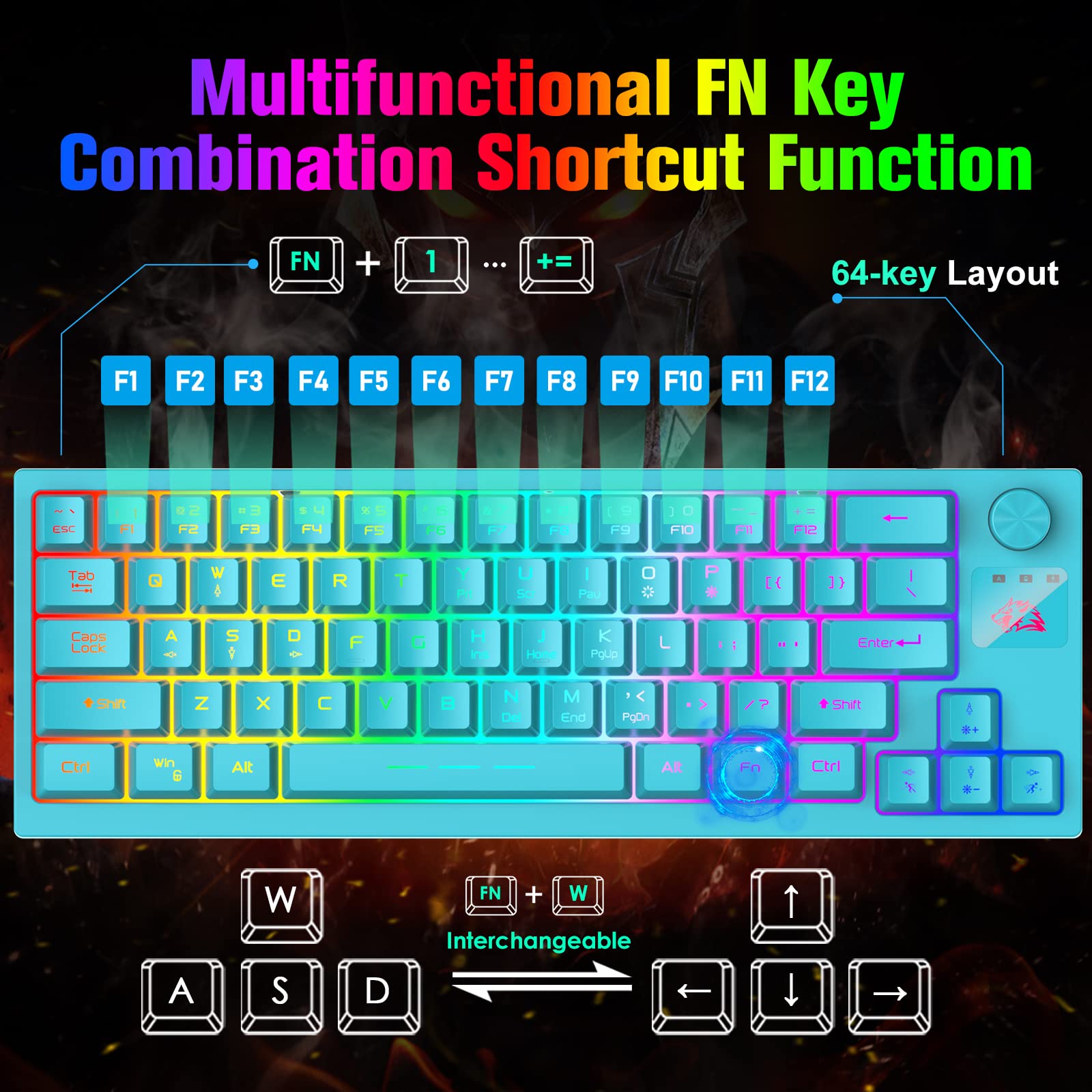 ZIYOU LANG T50 Wireless Gaming Keyboard and Mouse Combo Mini Portable with Cool RGB Backlit Ergonomic 64Key TKL Rechargeable 4000mAh Battery Anti-ghosting Media Knob for PC Mac Gamer(Black)