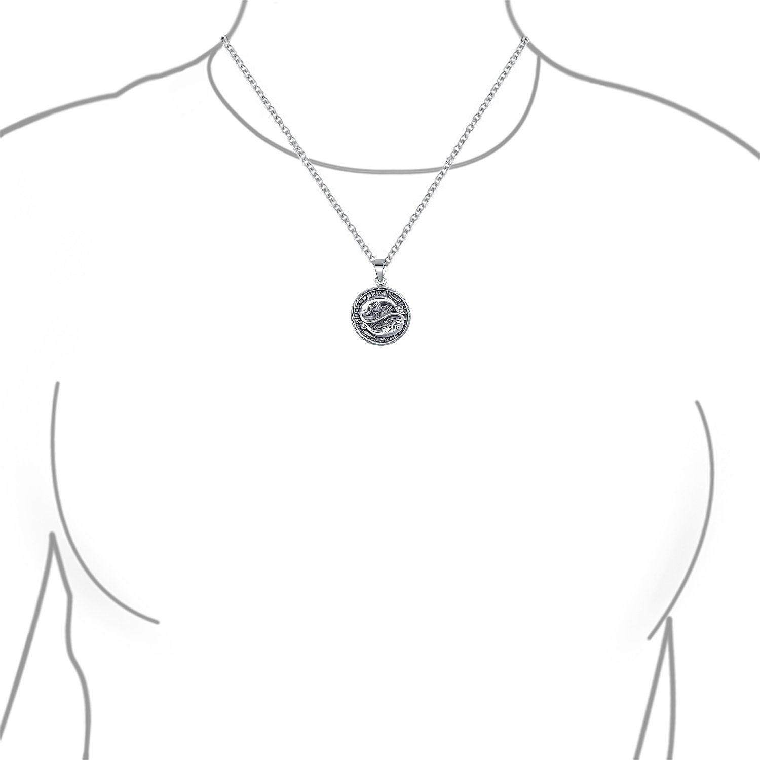Pisces Zodiac Sign Astrology Horoscope Round Medallion Pendant For Men Women Necklace Antiqued Sterling Silver