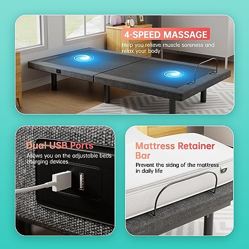 PayLessHere Adjustable Bed Base Frame with Head Only,Feet only,Zero Gravity,Dual USB Ports,Wireless Remote control and 4 speed massage,Twin XL