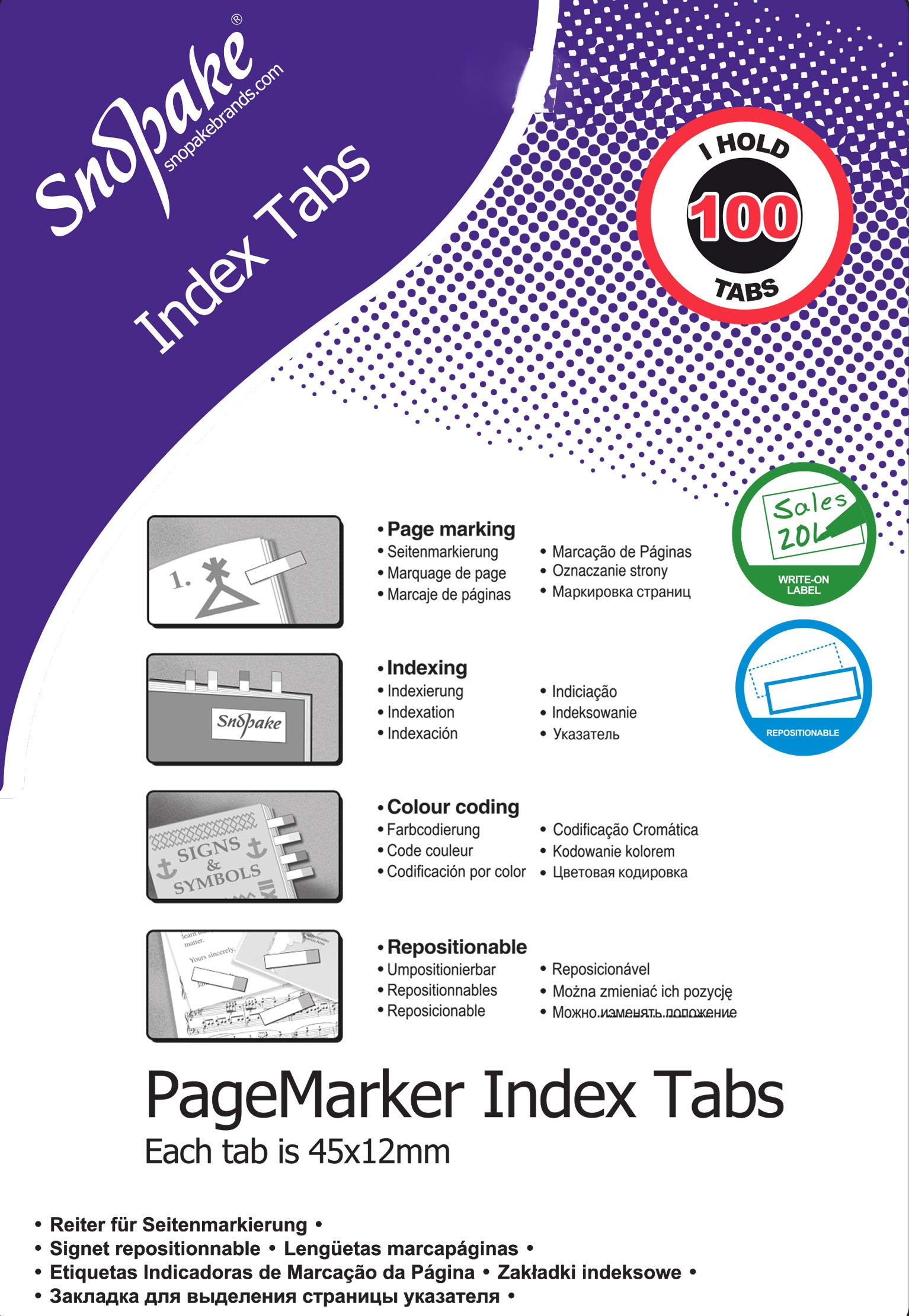 Snopake 15844 Index Tab Pagemarkers with Colour Coded Tips - 100 Tabs - 45 x 12mm [Assorted Colours]
