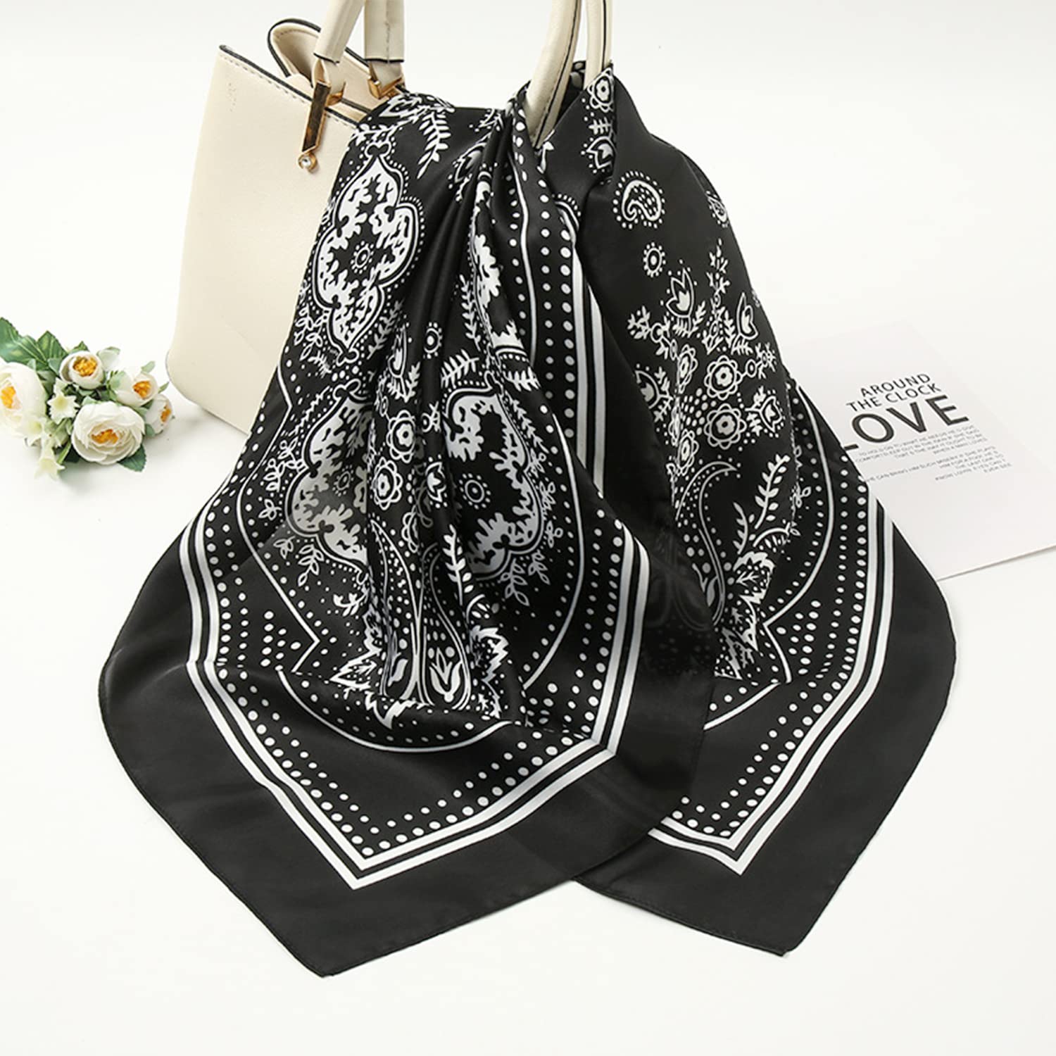 VANLINKER Vintage Bandanas Square Multi-Purpose Scarfs for Men Women Silk Like Scarf Neckerchief Protective Coverage VL9549 Black,Caramel,Green,Oatmeal