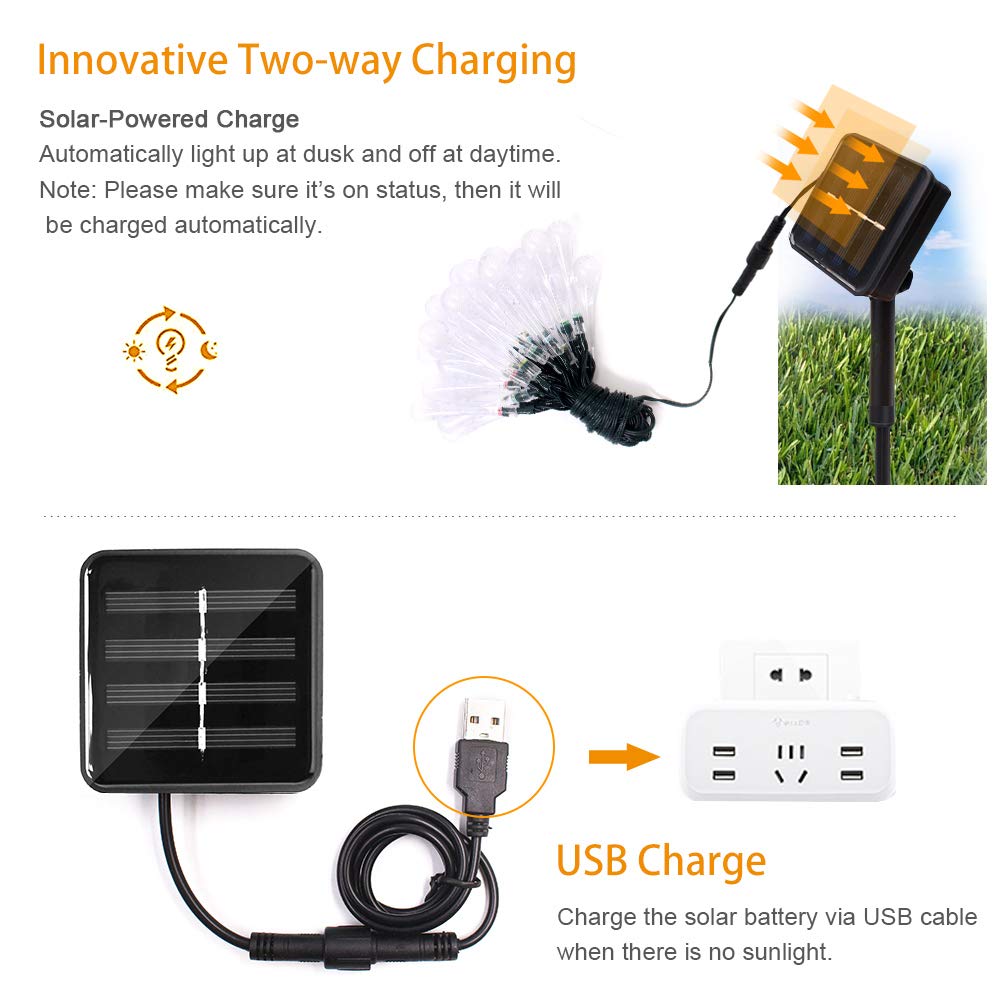 SKYFIRE Updated Version Solar Waterdrop String Light - Two-Way Charging ( Solar & USB Charge ) Waterproof Fairy Lights - 20ft 30LED White String Lights for Home, Garden Decorations