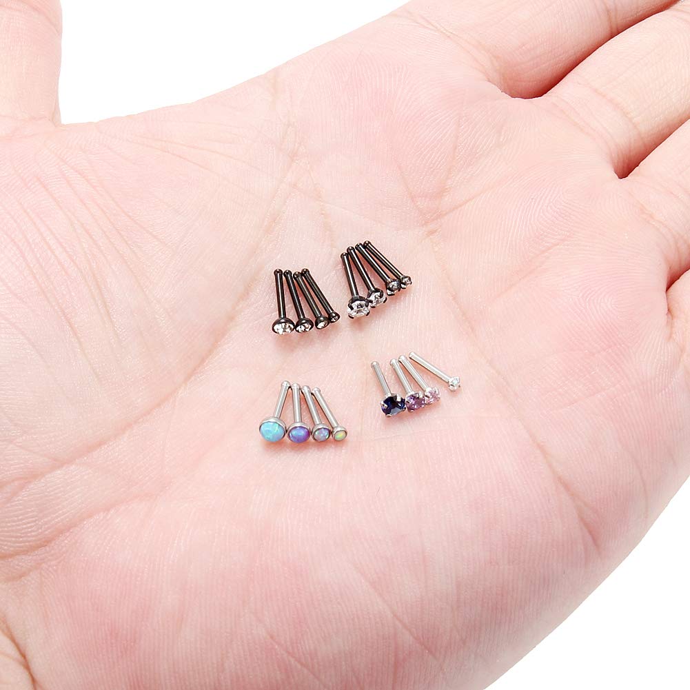 Ruifan 18G Surgical Steel Nose Bone Studs Rings Tragus Ring Piercing Jewelry 1.5mm 2mm 2.5mm 3mm Opal Clear Diamond CZ 16PCS Silver