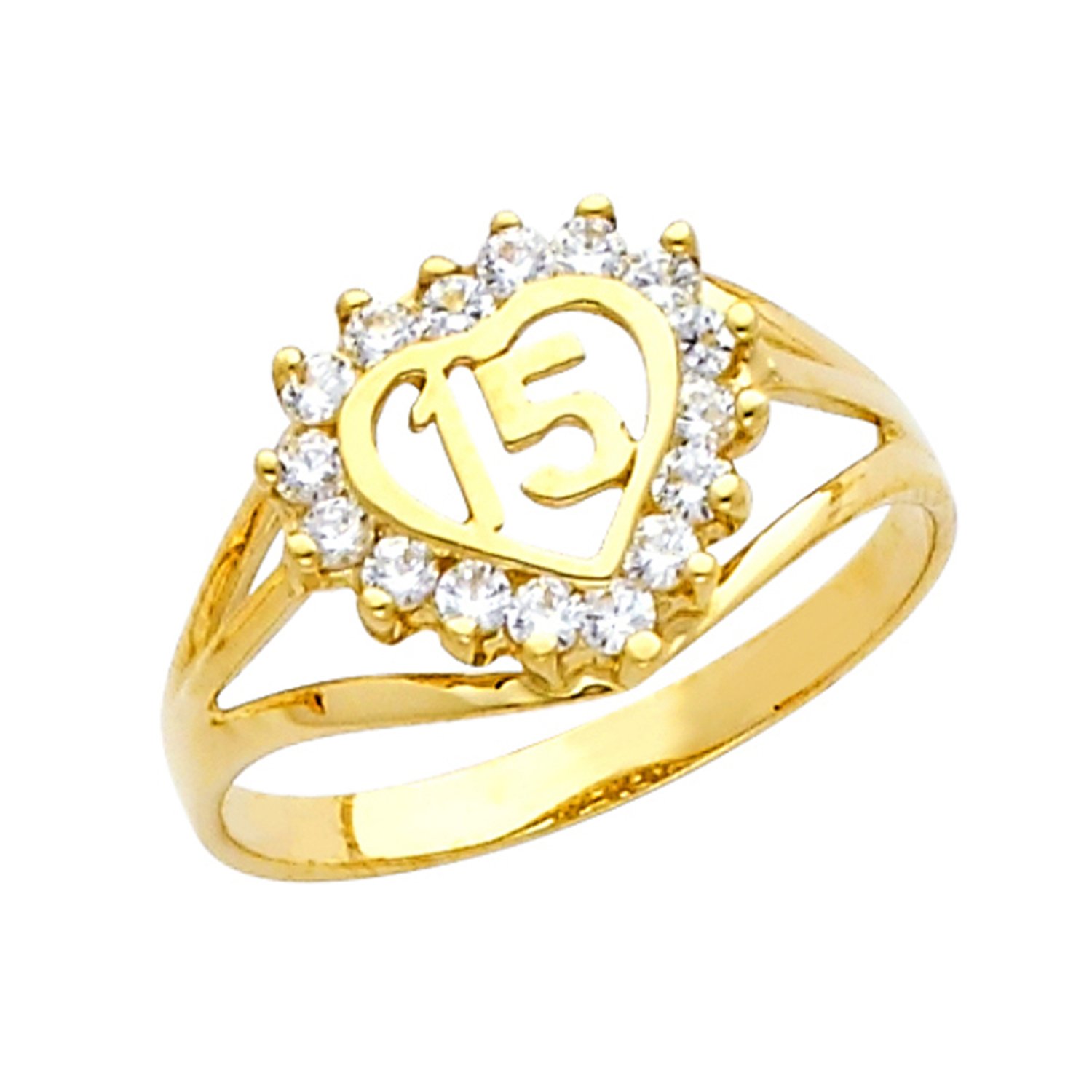 Quinceanera Jewelry 14K Yellow Gold Cubic Zirconia â15â Fifteen Heart Ring - Size 7