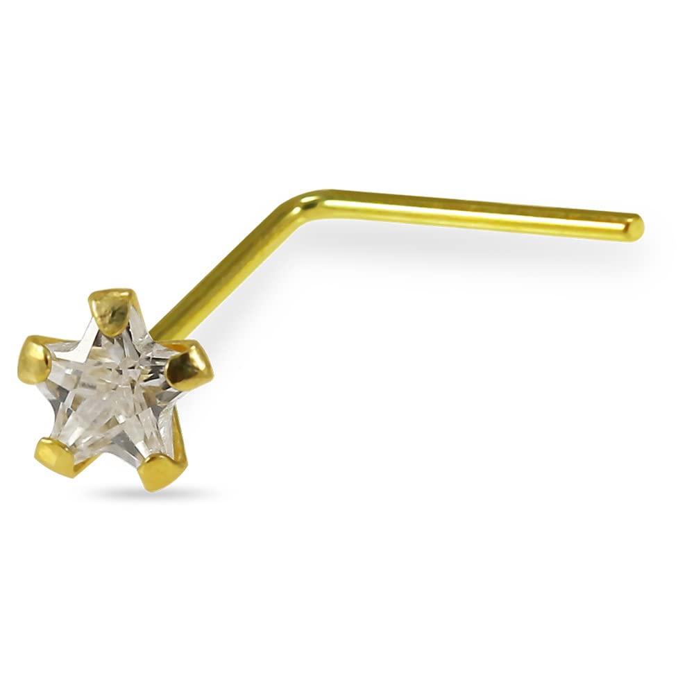 PiercingPoint 9ct Solid Yellow Gold Claw Set 3MM Star CZ Stone 22Gauge(0.6MM) Length L-Shape Nose Stud