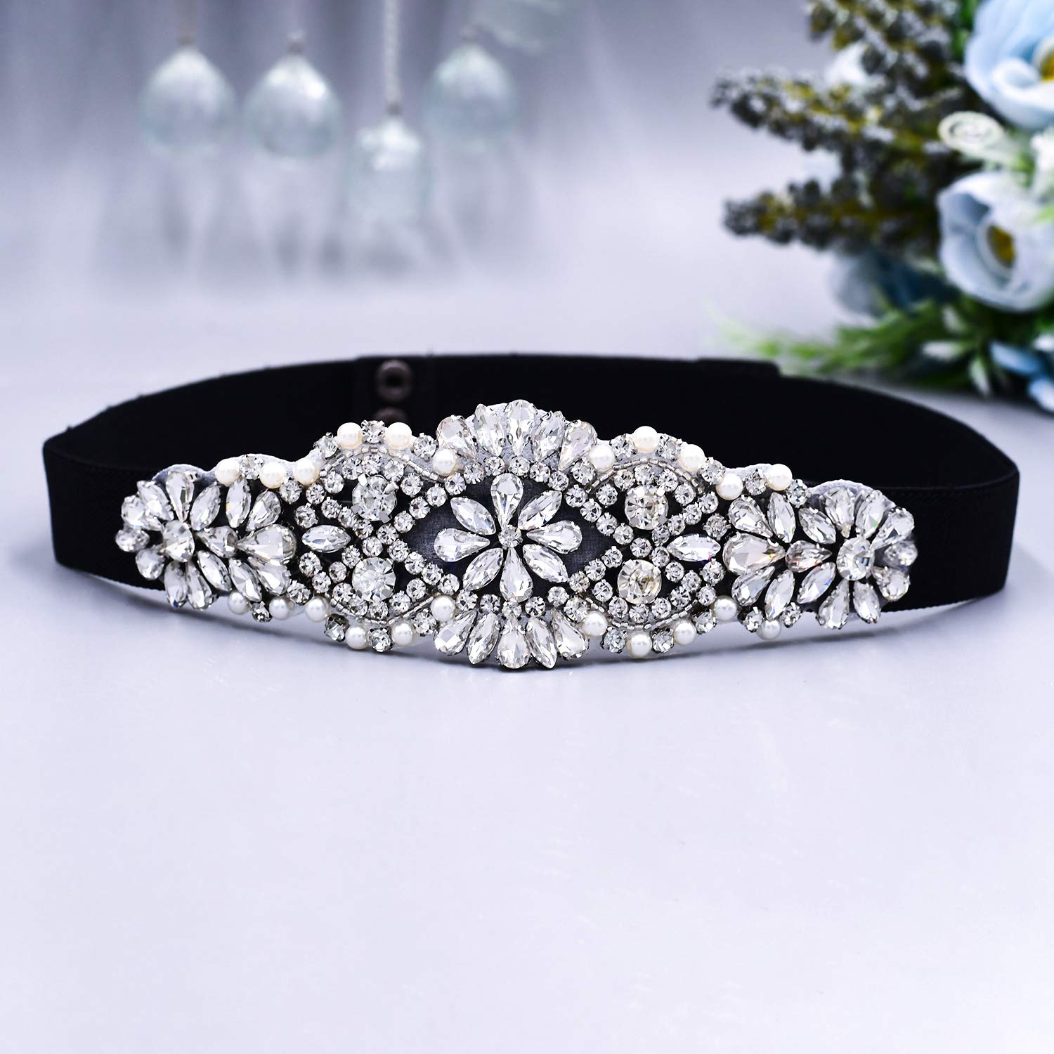ULAPAN Rhinestone Black Elastic Belts for Women Interlocking Stretch Belt(S394)
