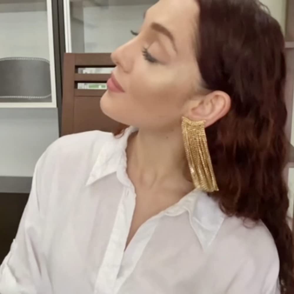 Uncle J Gold/Silver Rhinestone Crystal Long Tassel Dangle Earrings-Fringe Chain Chandelier Drop Earrings for Women, Wedding, Gifts