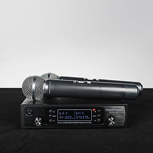 Phenyx Pro Wireless Microphone System Dual Wireless Mics,w/ 2 Handheld Dynamic Microphones, 2x100 Adjustable UHF Channels, Auto Scan,328ft Range,Microphone for Singing, Karaoke, Church(PTU-71-2H)