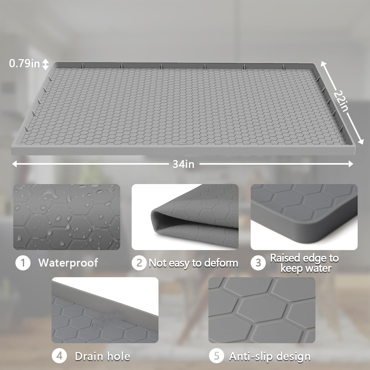 Under Sink Mat Under the Sink Cabinet Protection Mat Sink Mats for Kitchen 34"x22" Flexible Rubber Mat Cabinet Liner Drip Tray with Lips for Leaks Waterproof