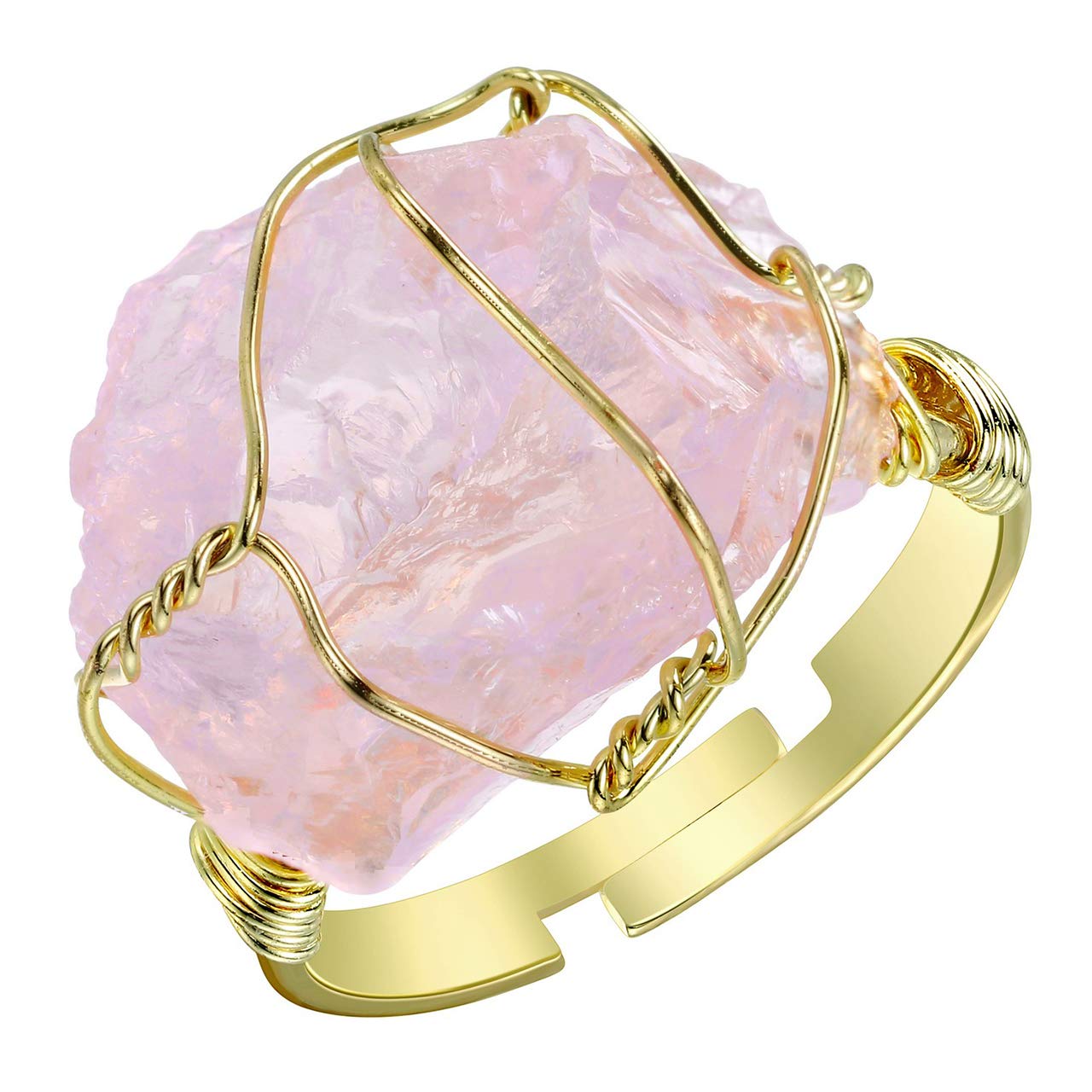 Top Plaza Healing Crystal Rose Quartz Rings for Women Handmade Wired Wrapped Irregular Gemstone Rings Golden Adjustable Rings