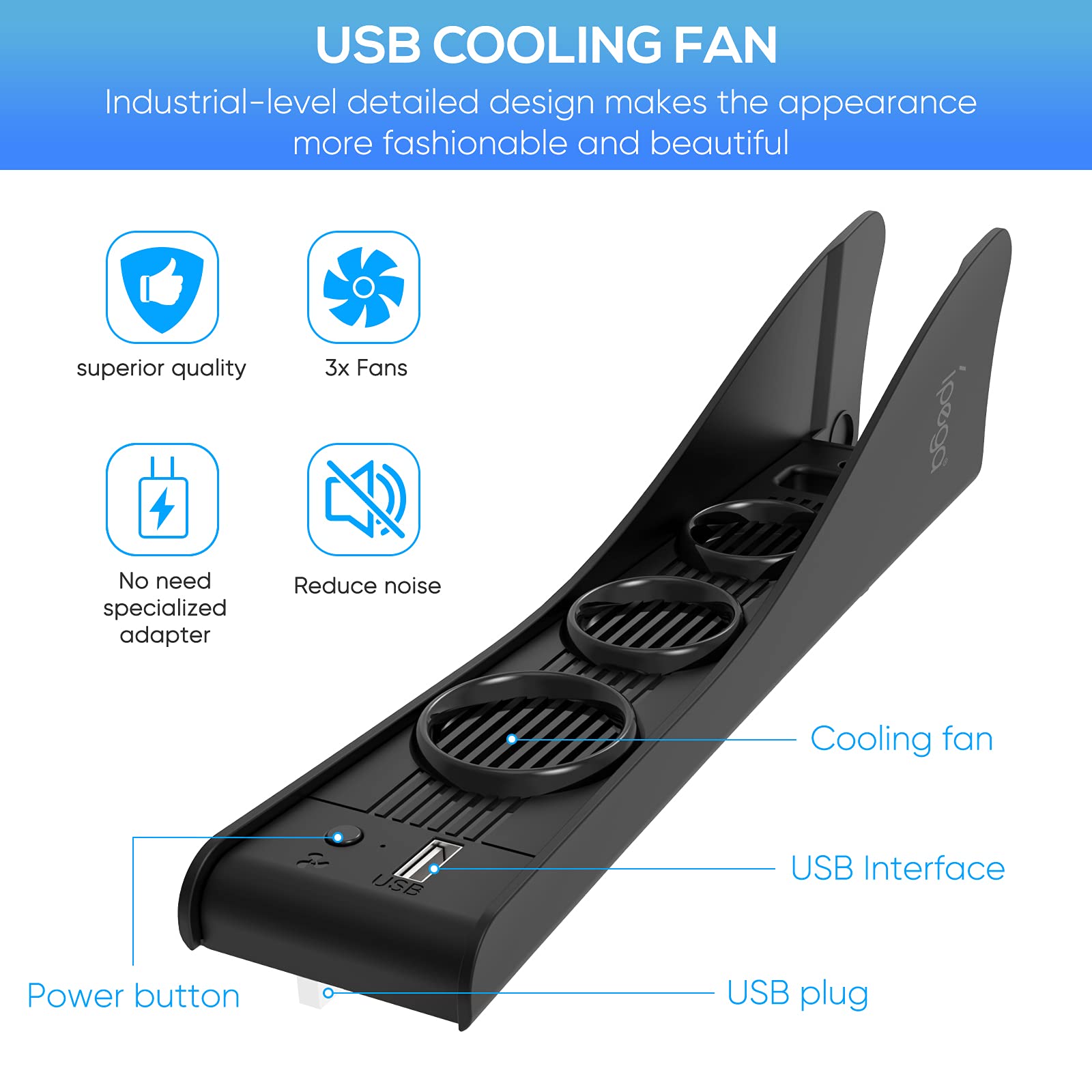 Vertical Stand Cooling Fan for PS5 - Dual Controller Fast Charger Station Detached Cooling Fan w/Headset Holder - 2in1 Triple USB Cooler Fan Fast Charging & 2 USB Port, for PS5 DE&UHD DualSense