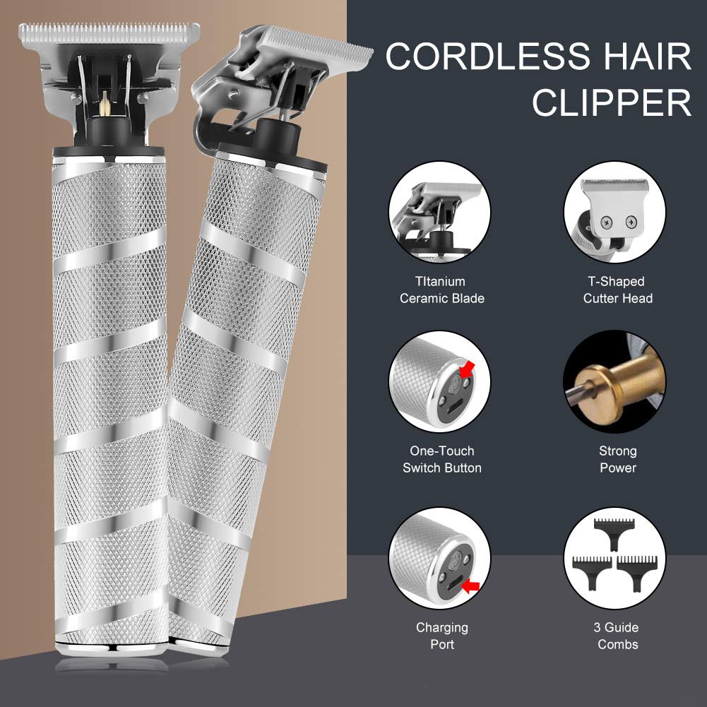 SURKER Electric Pro Li Clippers Barber Accessories Grooming Waterproof Rechargeable Cordless Close Cutting T-Blade Trimmer Hair Clippers for Men(Silver)