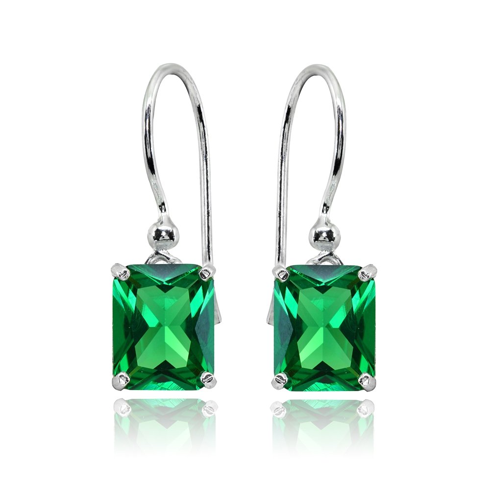 Sterling Silver Simulated Emerald Octagon-Cut Solitaire Drop Dangle Earrings for Women
