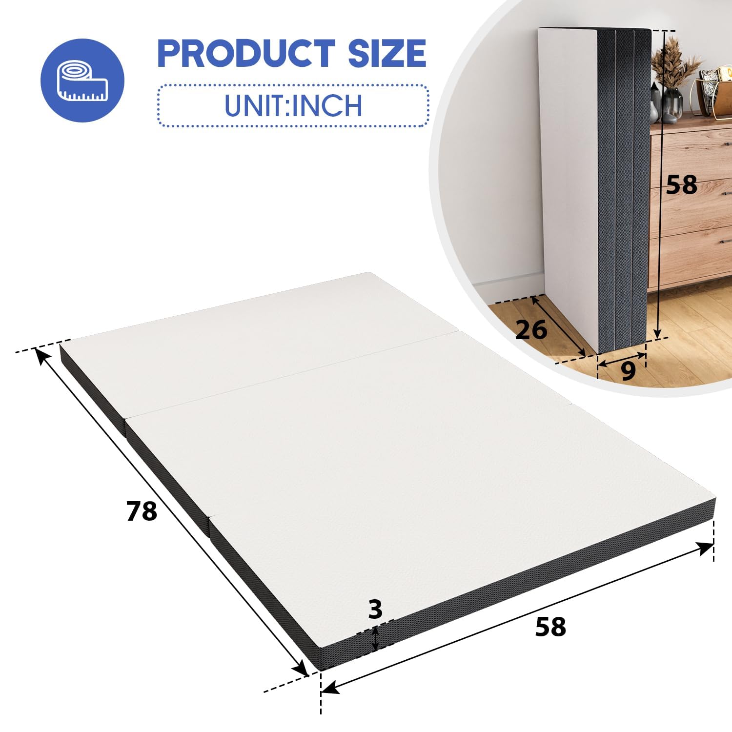 Queen Foldable Mattress, Folding Mattress with Breathable & Washable Cover, 3 Inch Trifold Mattress with CertiPUR-US Certified, Queen Mattress Memory Foam Topper for Camping, Guest, Floor RV (Queen)