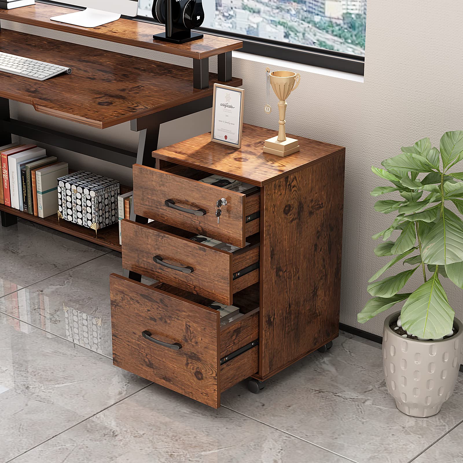 YQ JENMW File Cabinet 3 Drawers with 1 Lock, Wooden Rolling Mobile Filing Cabinet, Under Desk File Cabinet with Wheels, Removable File Cabinet for Home Office,Office Storage Cabinet Under Desk,Brown