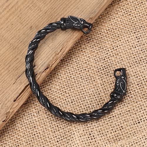 TURTLEDOVE Viking Wolf Fenrir Bangle - Adjustable Stainless Steel Norse Scandinavian Torc