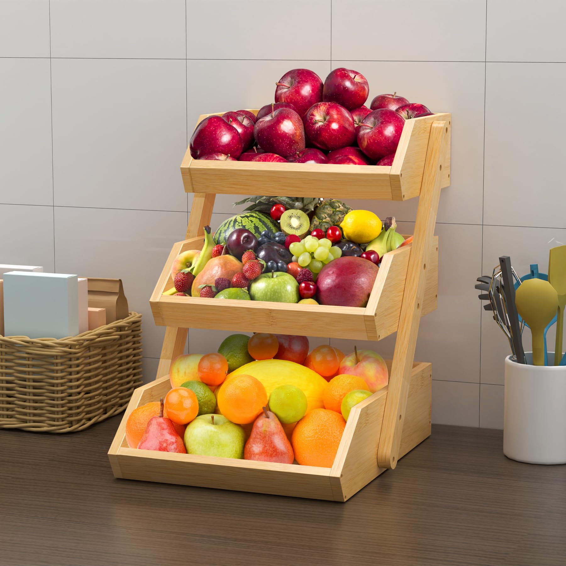 Purbambo 3-Tier Bamboo Fruit Basket for Kitchen Counter, Large Capacity Fruits Storage Rack Vegetables Bowl Stand Holder