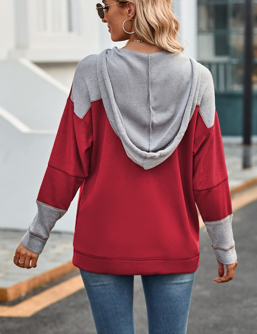 SEBOWEL Women's Fashion Long Sleeve Colorblock Pullover Hoodies Sweatshirts Red XXL