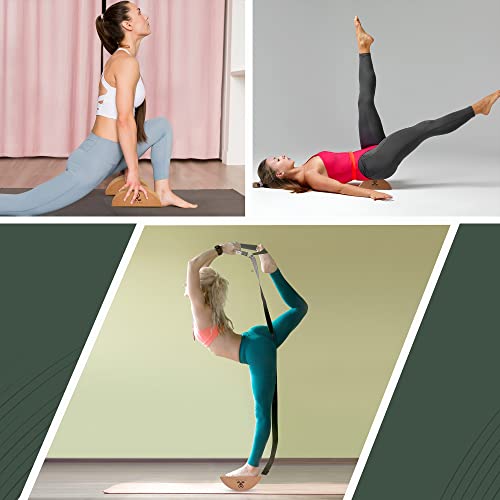 Yoga Blocks (2 Pack with Strap) - Increase Core Strength with our New Half-Round Cork Yoga Block - Yoga Accessories for Beginner and Pros - Includes A Carry Bag and Yoga Strap for Extra Flexibility