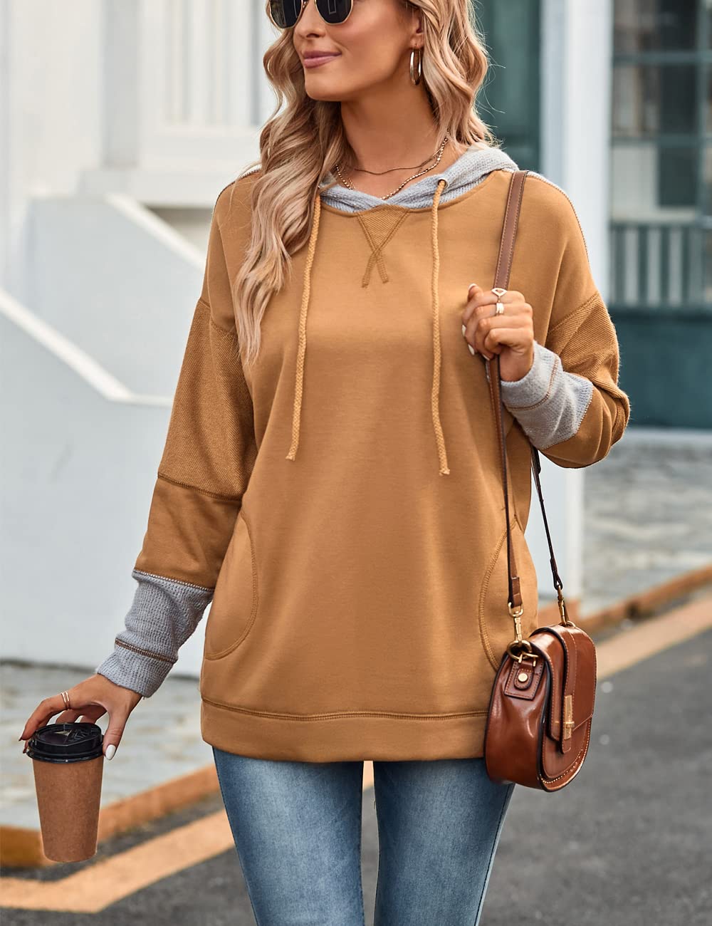 SEBOWEL Womens Oversized Color Block Long Sleeve Tunic Hoodies Tops Sweatshirt Fall Tunic Tops for Leggings Khaki L