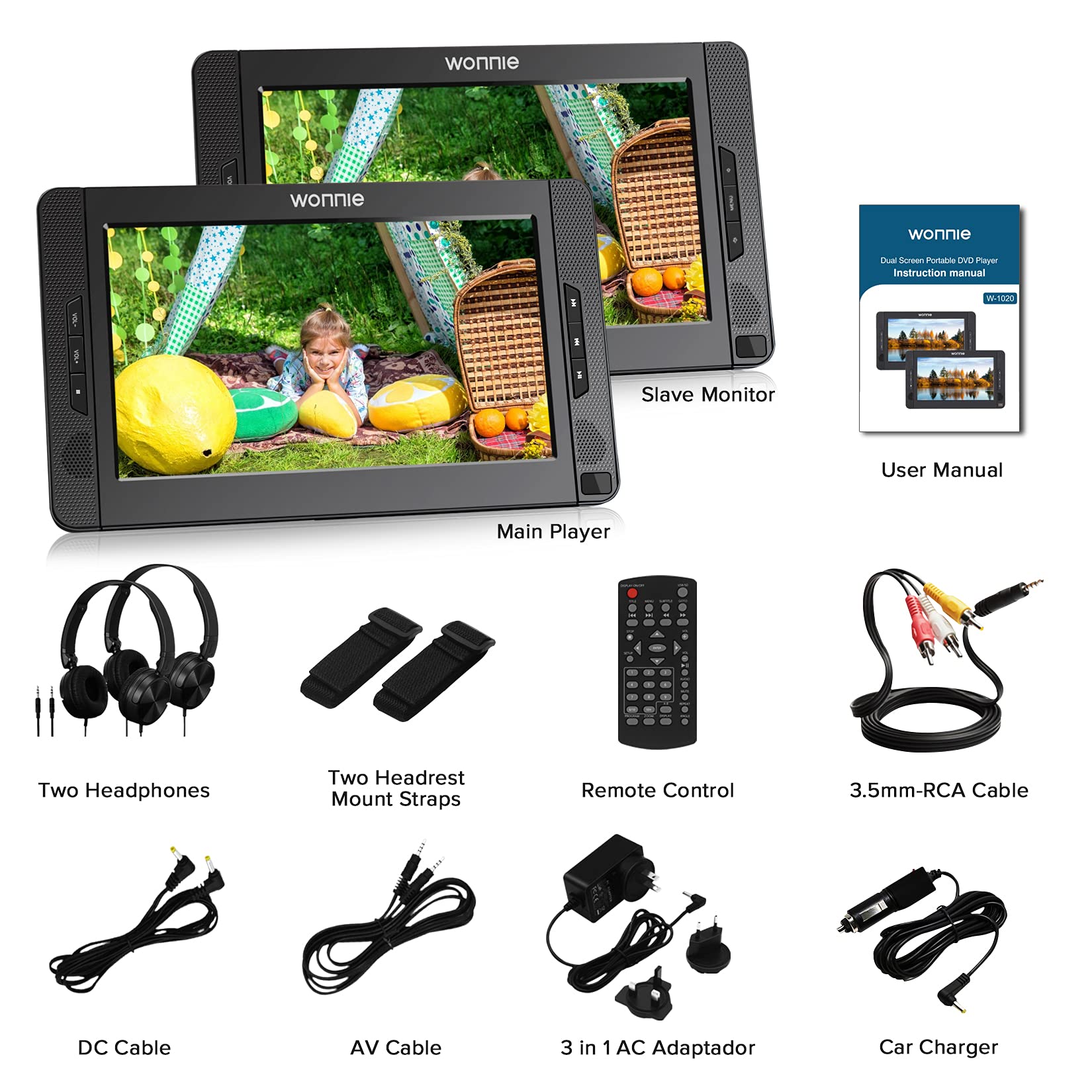 Wonnie 10.5inch Dual Portable DVD Player for Car, Headrest Kids CD Players with Two Headphones Built-in 5 Hours Rechargeable Battery, Support USB/SD/MMC,Regions Free,AV Out & in ( 1 Player+1 Monitor )
