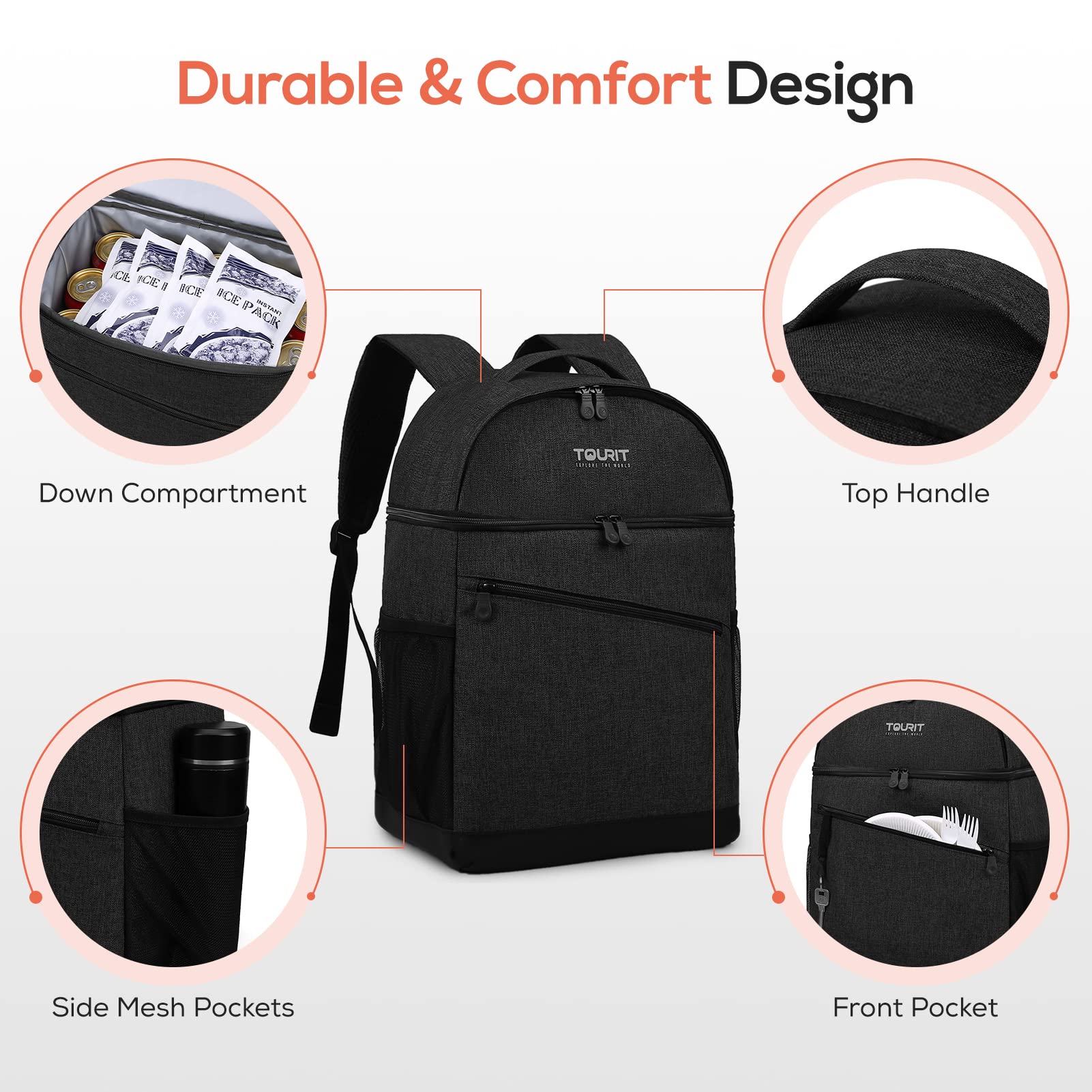 TOURIT Insulated Backpack Cooler Leak-Proof Backpack Lunch Box 28 Cans Double Deck Cooler Backpack