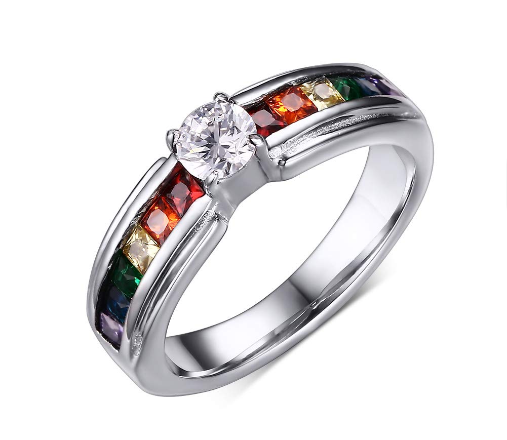 VNOX Stainless Steel Gay Pride Rainbow CZ Relationship Engagement Promise Rings Weeding Band for Lesbian,Size 8