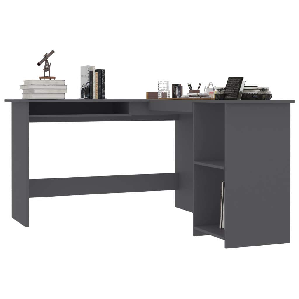 Queen.Y L Shaped Computer Desk, Corner Writing Desk with Pull-Out Keyboard Tray, Modern Simple Style PC Table with 2 Open Shelves, for Home Office, Gray