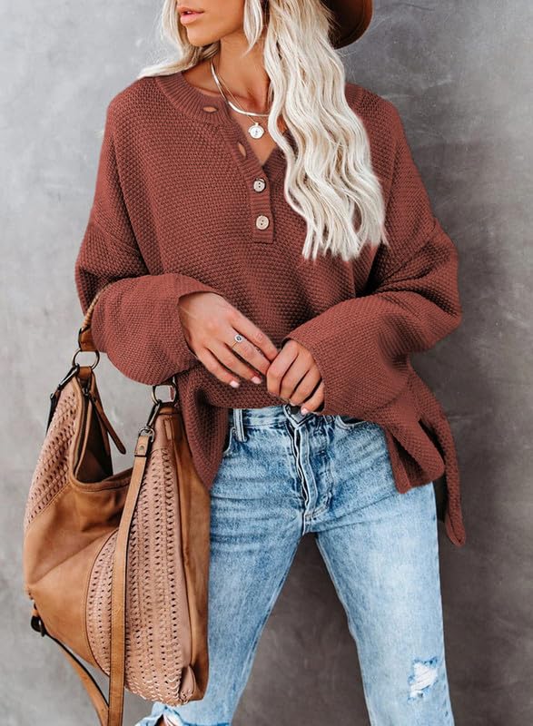 SHEWIN Womens Waffle Knit V Neck Long Sleeve Oversized Sweaters for Women Trendy 2023,(US 16-18) XL,Red