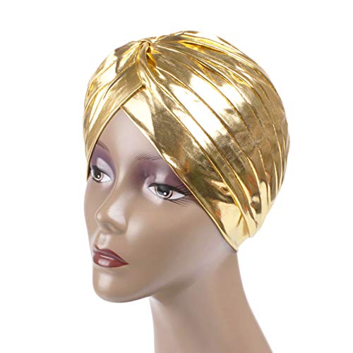 Surkat Unisex Metallic Arab India Pleated Turban Headwrap Swami Hat Costume Hat Chemo Cap(Gold)