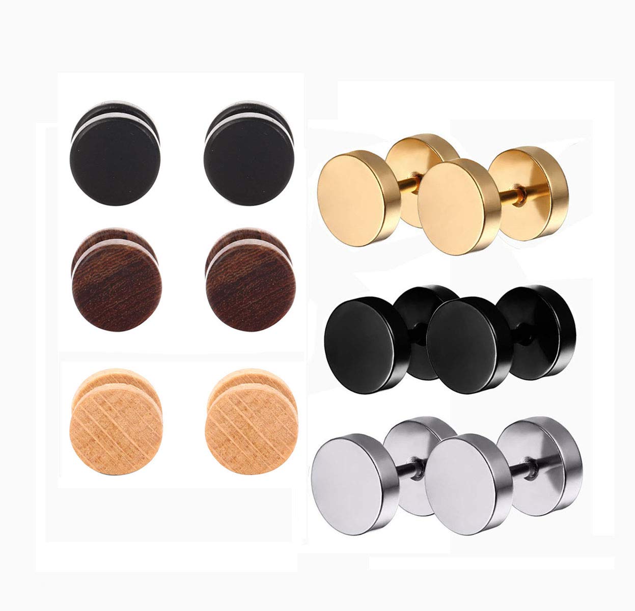 Tanyoyo Wood Cheater Fake Ear Plugs Gauges Illusion Screw Stud Earrings 3pair a set (3pair Wood+ 3pair Steel)