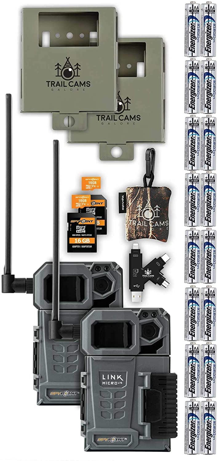 SPYPOINT Link-Micro-LTE Twin Pack of Cellular Trail Cameras 10MP with Batteries, Two Micro SD Cards, Card Reader, Spudz, and Two Steel Cases (AT&T (USA Nationwide))