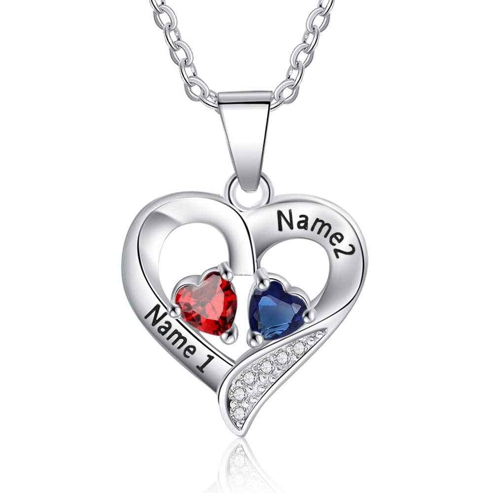 Sterling Silver Personalized 2 Names Necklace with 2 Heart Simulated Birthstone Couple Pendant Necklace for Women (Silver)