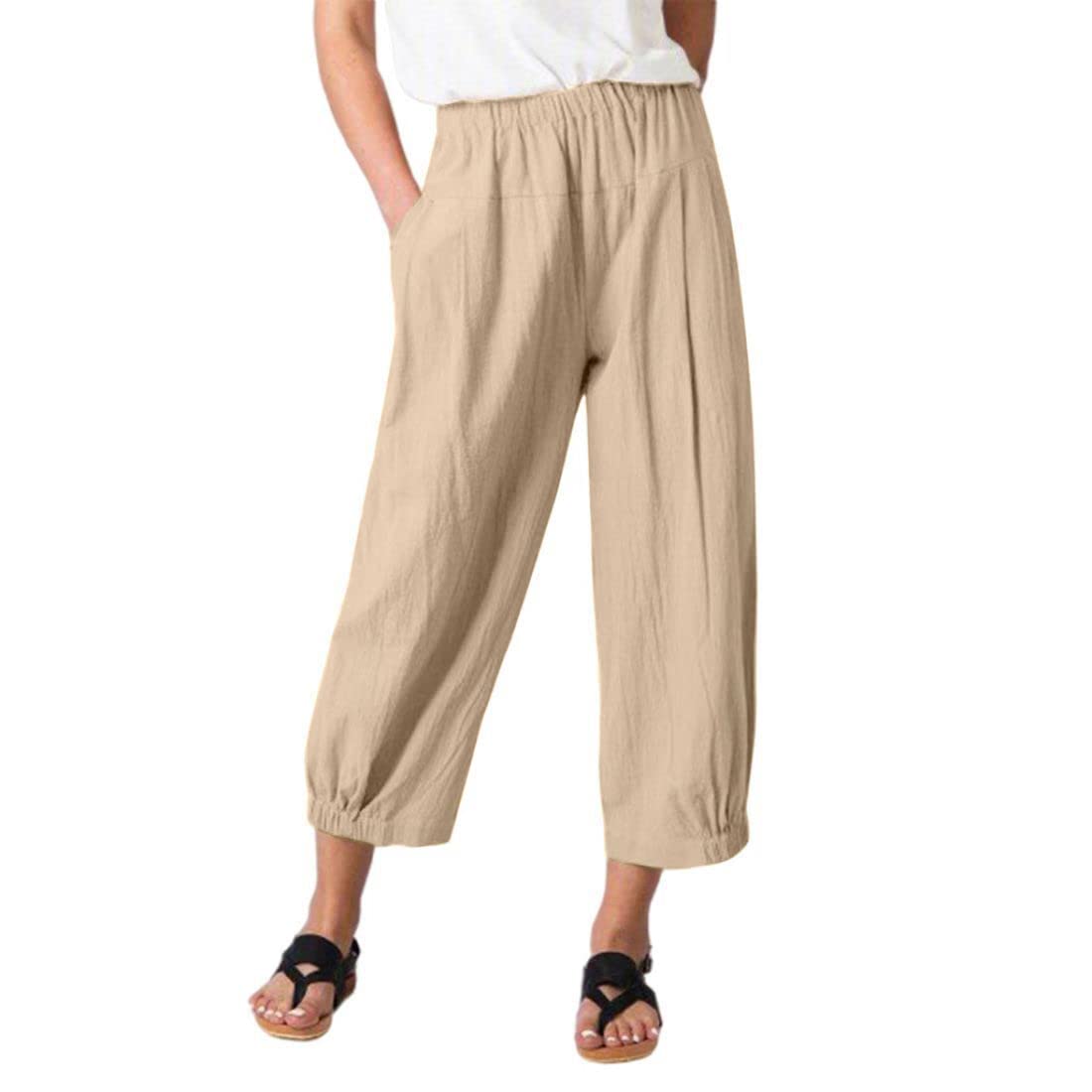 WROLEM Womens Capri Yoga Pants Wide Leg Loose Lounge Capris Sweatpants with Pockets Khaki L