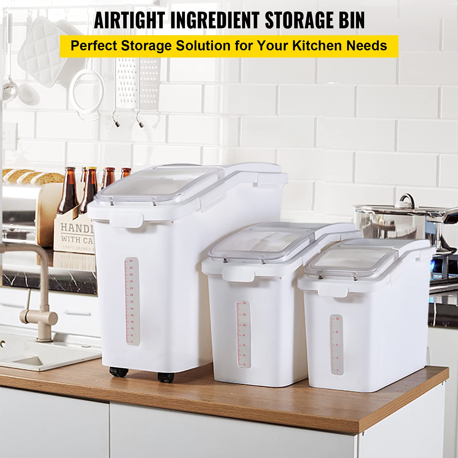VEVOR Ingredient Storage Bin, 11.4+5.8+3.4 Gal Capacity Shelf Ingredient Bin, 500 Cup Flour Bins on Wheels Commercial Prosave Ingredient Bin with Lid and Scoop Rice Bin for Kitchen White