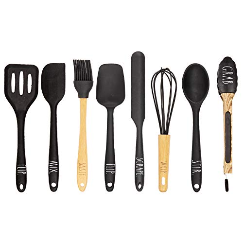 Rae Dunn Everyday Collection 8 Piece Mini Silicone Kitchen Utensil Set- Kitchen Tools with Beechwood Handles- by Cook with Color (Black)