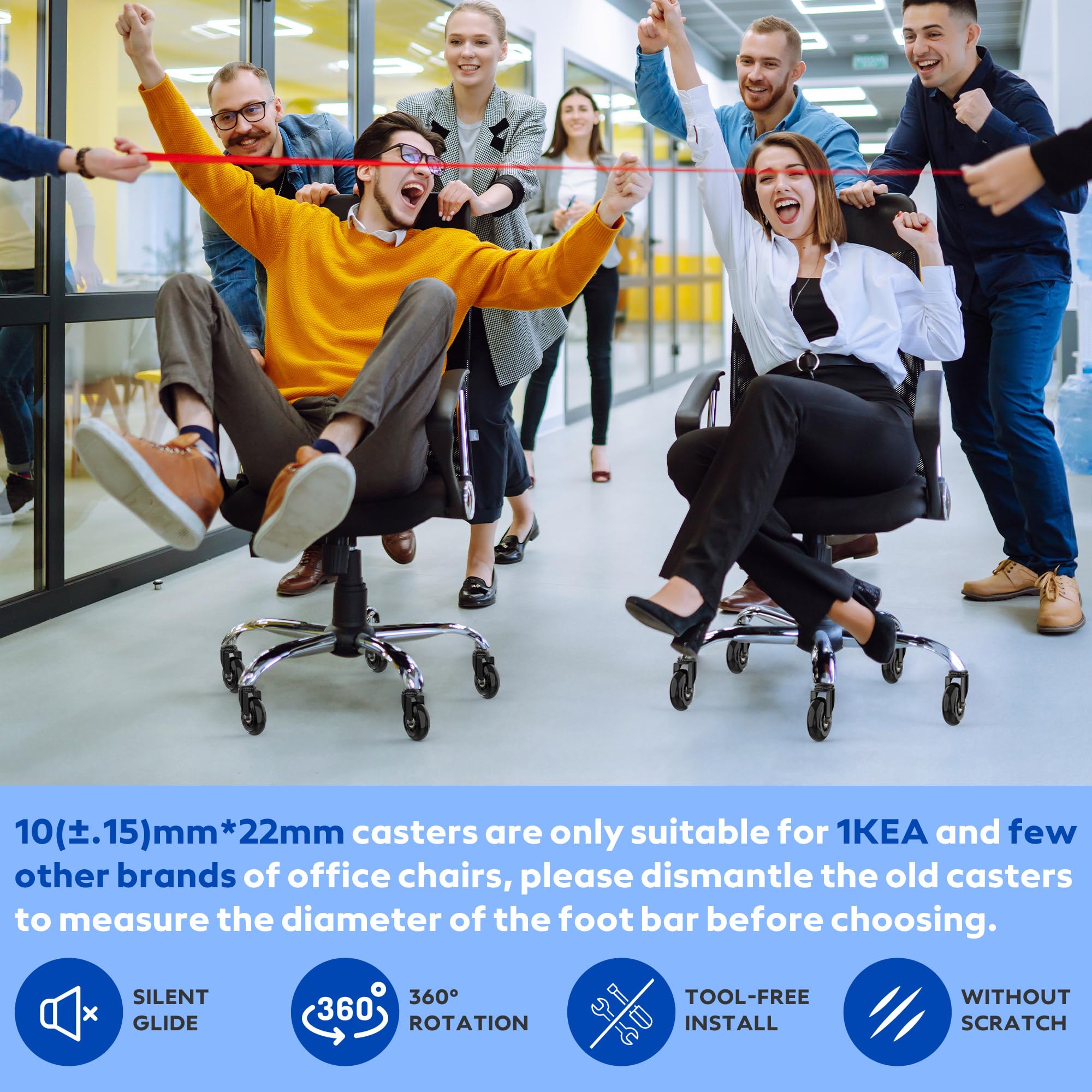 WEWILL Office Chair Caster Wheels 3" Rubber Replacement Chair Casters Up to 300KG Load Capacity Best Protection for Your Hardwood Floors and Carpet(10MM*22MM))