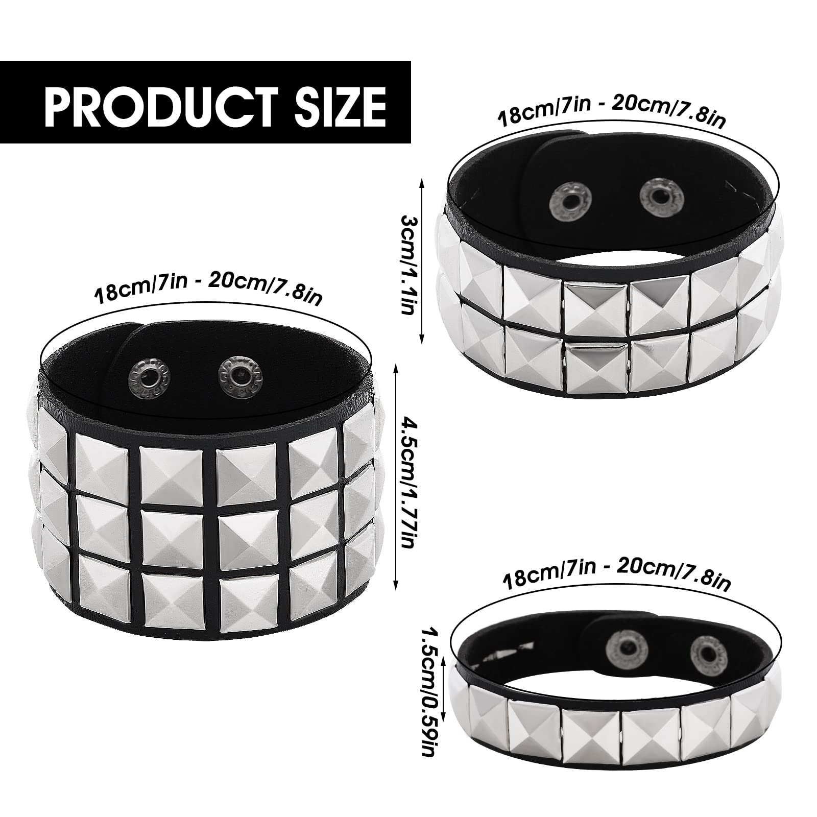 Yolev Black Leather Studded Punk Bracelet 3 Pieces 80s Vintage Adjustable Rivet Wristband Gothic Punk Rock Bracelet
