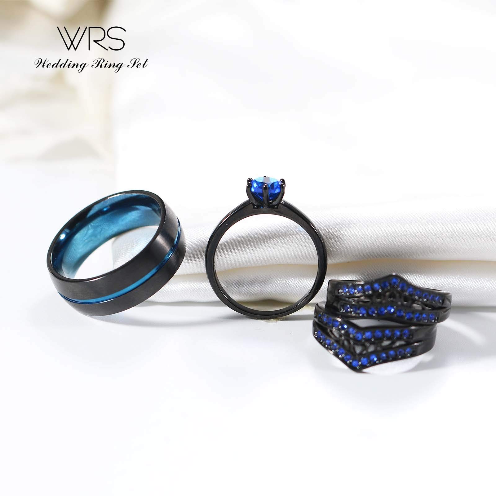 Two Rings His Hers Wedding Ring Sets Couples Matching Rings Women's 2pc Black Gold Plated Blue CZ Wedding Engagement Ring Bridal Sets Men's Tungsten Carbide Band Wedding Band