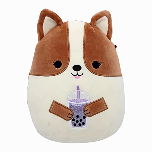 Squishmallows Official Kellytoy Backpack 12 Inch Squishy Soft Plush Animal Bag (Regina The Corgi Dog with Boba Tea)
