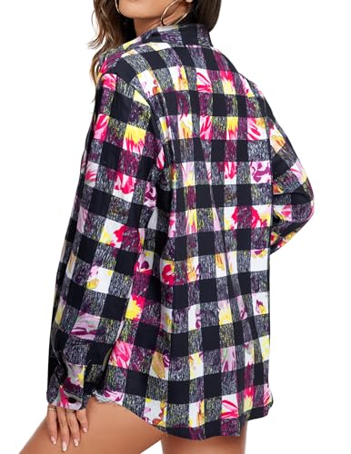 Plaid Jackets for Women Flannel Colorful Plaid Shirt Fall Button Down Blouses Patchwork Casual Long Sleeve Shirts