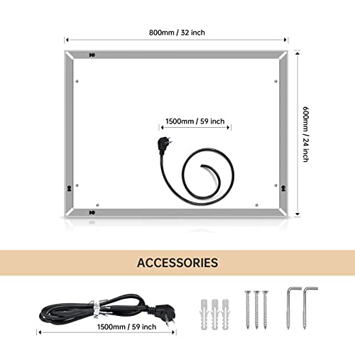 WiCCI 32x24” LED Lighted Bathroom Wall Mounted Mirror with High Lumen Anti-Fog Separately Control Dimmer Function
