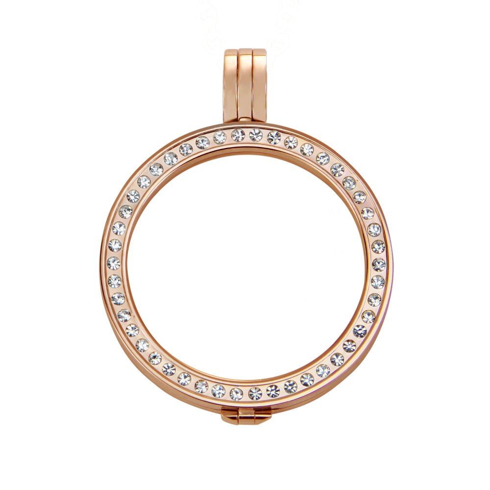 Quiges Rose Gold Plated Stainless Steel Interchangeable 33mm Coin Pendant Holder Locket Zirconia Stones