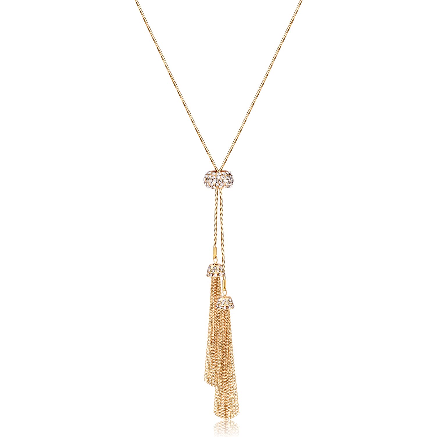 Tassel Pendant Lariat Y Necklace Long Snake Chain Necklaces with Adjustable Crystal Slider Ball