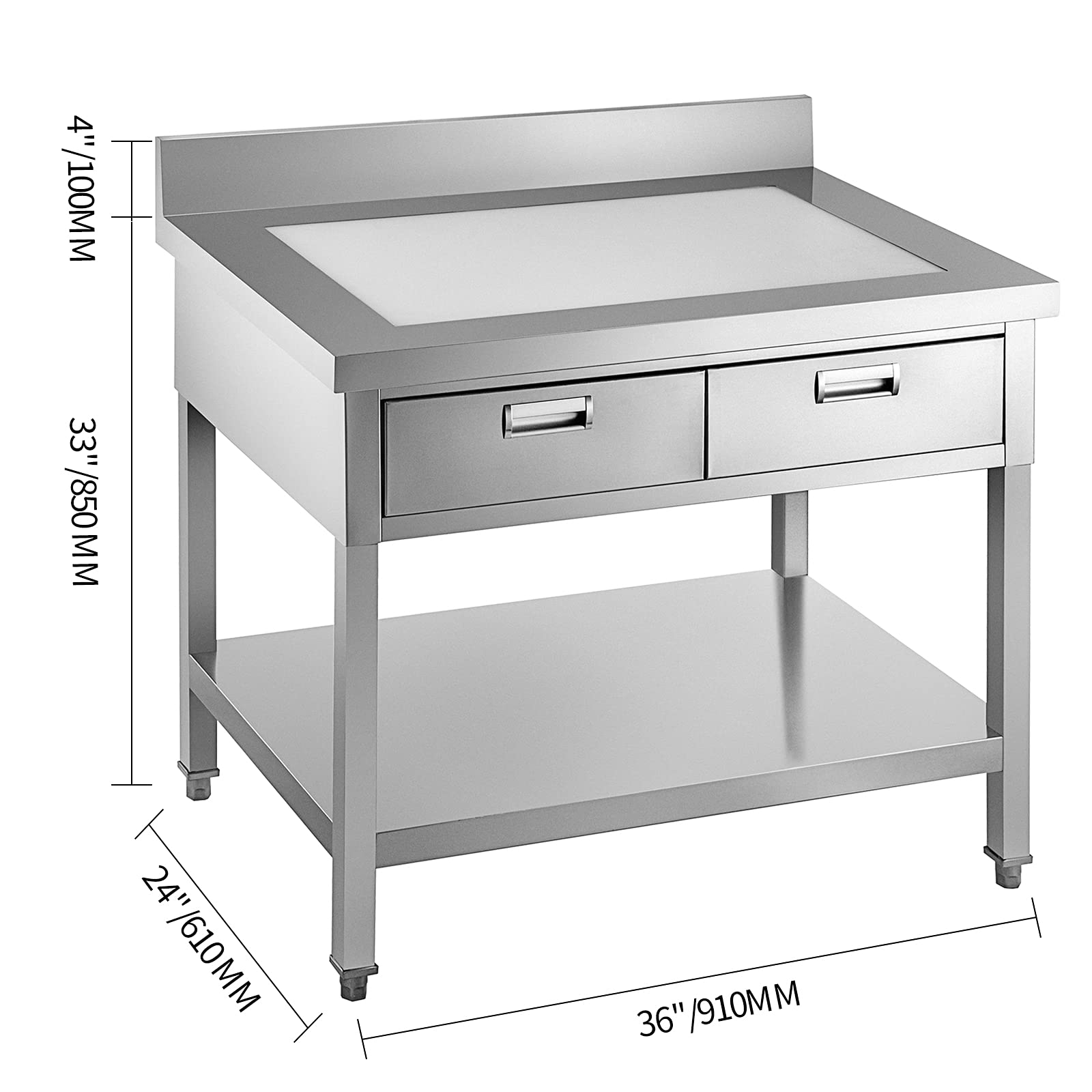 VEVOR Stainless Steel Work Table 24 x 48 in Commercial Food Prep Worktable with 2 Drawers, Undershelf and Backsplash, 992 lbs Load Stainless Steel Kitchen Island for Restaurant, Home and Hotel