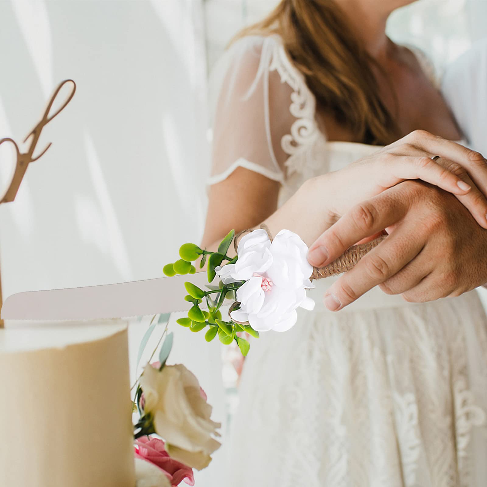 Wedding Cake Knife and Server Set of 2, Rustic Style Stainless Steel Bride and Groom Cake Cutting Utensils with Eucalyptus Leaves and White Roses, Pie Cake Pizza Shovel Cutter, A