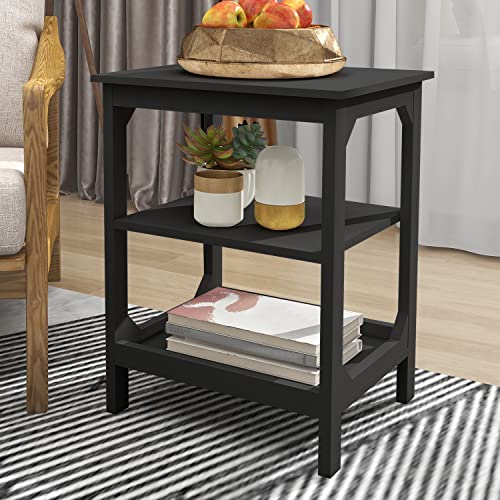 TaoHFE Black Side Table 3-Tier Narrow,Black End Table with Storage Shelves,Black Side Tables Living Room Small Bedside Stand,Wooden Nightstand,Corner Shelf,End Table for Small Spaces Bedroom Office