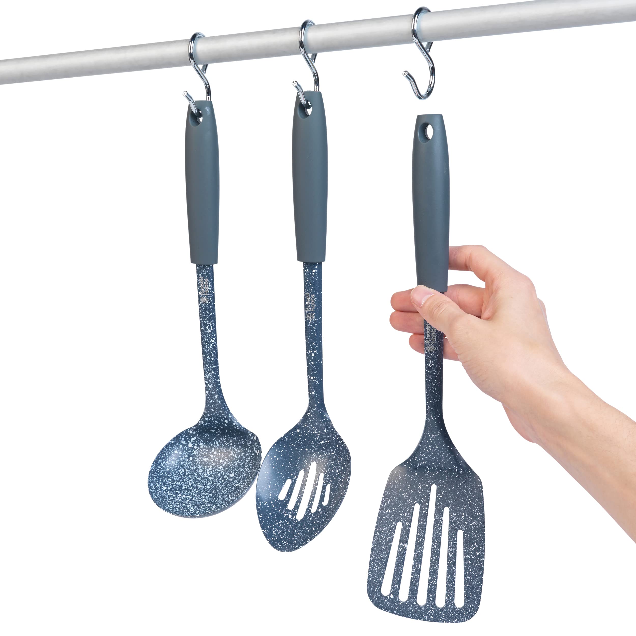 Russell Hobbs RH01401 5 Piece Kitchen Utensil Set, Stainless Steel, Non-Stick, Spatula, Spaghetti Server, Ladle, Slotted and Solid Spoon, Soft-Touch Handles, Nightfall Stone Collection, Blue Marble