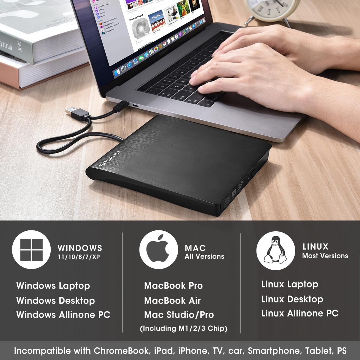 ROOFULL External CD DVD +/-RW Drive USB 3.0 & USB-C CD Burner DVD Player Reader Writer Optical Disc Drive with Carrying Case for Laptop Mac MacBook Pro/Air, Windows 11/10/8/7, Linux PC